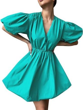 Generic Mini robe sexy &agrave; manches courtes bouffantes avec col en V et taille haute &eacute;lastique pour femme, robe d&eacute;t&eacute;, robe ample, robe de vacances pour femme, Ve