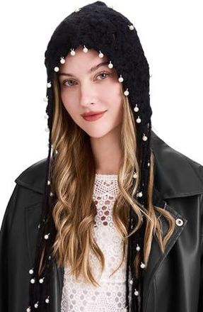 ZLYC Bonnet en Crochet pour Femme avec Pompon, Perles Noires, Taille Unique