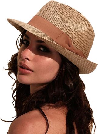 Dreshow Damen Panama Hut Breiter Krempe Stroh Sommer Fedora Strohhut Panama Aufrollen Hut Strand Rollbar UV Sonnenhut UPF 50 +
