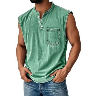 Generic T-shirt Henley vintage respirant sans manches pour homme, d&eacute;bardeur vintage boutonn&eacute;, d&eacute;bardeur d&eacute;lav&eacute; pour homme, Vert, XXL