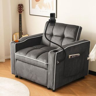 STILVORA Fauteuil Convertible 1 Place 3 en 1 avec Dossier R&eacute;glable, Porte-Gobelets et Support T&eacute;l&eacute;phone, en Velours Gris Anthracite