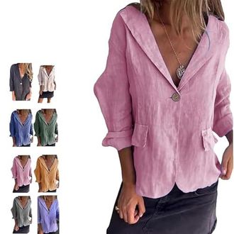 Generic Manteau fin décontracté en coton et lin avec revers à un seul bouton, veste blazer décontractée en coton et lin pour femme, rose, 5XL