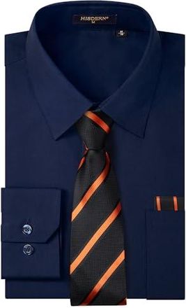 Hisdern Chemise Homme Manches Longues Bleu Chemise Homme Formelle avec Cravate Mariage Regular avec Poches Business Casual Slim Fit 2XL