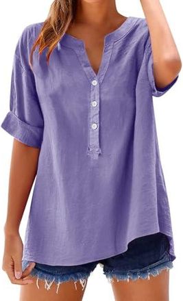 Generic Chemisier d&eacute;t&eacute; d&eacute;contract&eacute; &agrave; manches courtes et col en V pour femme, l&eacute;ger, facile dentretien, d&eacute;contract&eacute;, pour le travail, les vacances, les voyages