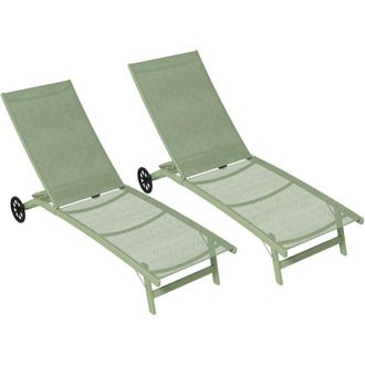 OUTSUNNY Lot de 2 bains de soleil transats inclinables - 2 roulettes - alu. textil&egrave;ne vert