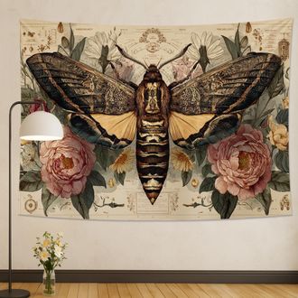 Generic Mystische Motten- und Blumen-Tapisserie, Vintage, botanisch, böhmisch, dekorativer Wandbehang, Frühlingsästhetik für Schlafzimmer, Wohnzimmer, Wohnhei