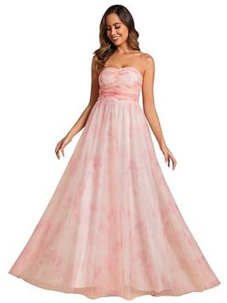 Ever-pretty Robe Ceremonie &Eacute;t&eacute; Femme Pliss&eacute; Tulle Imprim&eacute;e sans Bretelles Taille Empire Classique Robe Demoiselle dhonneur Femme Rose 44