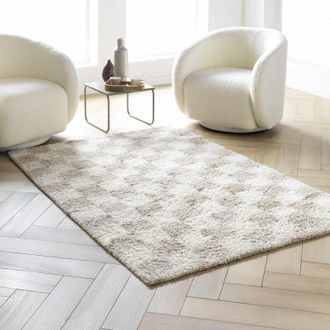 Douceur d'Int&eacute;rieur Tapis rectangle 120 x 170 cm - Shaggy Damero - Effet damier beige et ivoire
