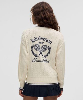 lululemon Cardigan de tennis en coton m&eacute;lang&eacute; et maille torsad&eacute;e Tennis Club pour Femmes - Bleu - Taille L