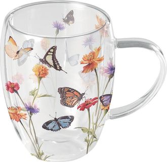 Ambiente Kaffee/Teeglas 350ml Tasse für Heiss- und Kaltgetränke Borosilikatglas doppelwandig Serie butterfly garden Blumen Garten Sommer Schmetterlinge