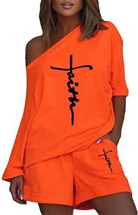 Onsoyours Survêtement de Sport pour Femme 2 Pièces Combinaison de Sport Printemps Eté Costume Décontracté Epaule Inclinée Haut à Manches Longues + Short Ensembl