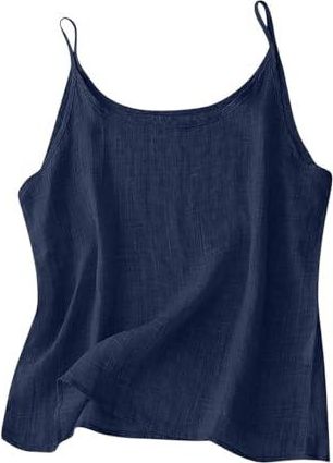 Minetom Débardeur Femme Coton Et Lin Col Rond Sangle Spaghetti Ete Hauts sans Manche Bretelles Camisole Top A1 Marin 4XL