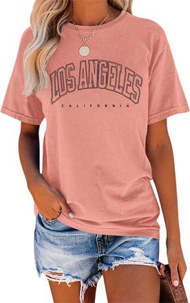 TOMWELL T-Shirt Damen Sommer Los Angeles Tshirt Kurzarm Rundhals Oberteile Casual Sport Shirt Basic Tee Shirts A Koralle XXL