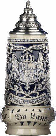 King Bierkrug grauer Bayern Seidel, Staatswappen vorn, seitlich M&uuml;nchen und Neuschwanstein, Motto Gott mit Dir, Du Land der Bayern 0,5 Liter Bierseidel KI 