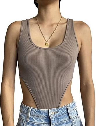 Generic Cryfokt D&eacute;bardeur pour Femme avec Col en U et Coupe Haute pour les F&ecirc;tes, les, les Vacances, Coupe Ajust&eacute;e, Couleur Pure, Body pour Femme, Clubwear, B