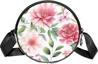Generic Petit sac &agrave; bandouli&egrave;re circulaire pour femme, motif feuilles florales, sac &agrave; dos avec fermeture &eacute;clair, bretelles r&eacute;glables, sac &agrave; main rond d&eacute;contra