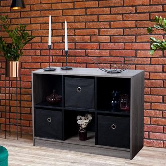 ETC Shop Etc-shop - tag&egrave;re en bois &eacute;tag&egrave;re de rangement &eacute;tag&egrave;re sur pied avec biblioth&egrave;que 6 compartiments 6x bo&icirc;tes pliantes noir gris, bo&icirc;tes en tissu