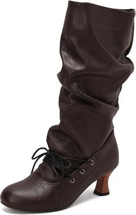 Generic Bottes Cuissardes Style Vintage Femme Fermeture Latérale Simili Cuir Design Délavé Lacets Devant avec Talon Kitten Chaussures Élégantes de Soirée,Dark