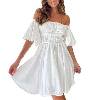 Generic Sommerkleid Damen Swing Kleid Sommer Off Shoulder Slash Neck Skaterkleid Einfarbiges A-Linien-Kleid Tr&auml;gerloses, Kurz&auml;rmliges, Knielanges Patchwork-Kl