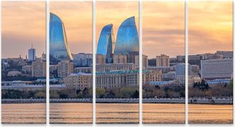 Islandburner Bild auf Leinwand Baku Stadtlandschaft bei Sonnenuntergang aus der Ferne betrachtet Bilder Wandbilder Poster