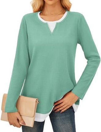 Grace Karin Femme Tee-Shirt &agrave; Manches Longues Haut Top Tissu Gaufr&eacute; Doux Col Rond et Design Bicolore &Eacute;l&eacute;gant Vert XXL