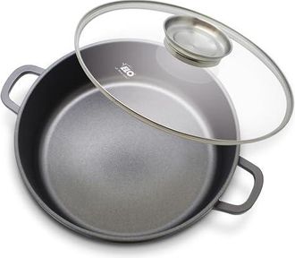 ELO Alucast Servierpfanne 24 cm, rund, mit Glasdeckel und Aromaknopf, aus Aluminiumguss- hochwertige Antihaft Pfanne PFAS-frei mit ELODUR Select Beschicht