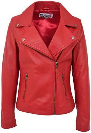 House Of Leather Lola Veste de motard en cuir véritable avec fermeture éclair pour femme, Rouge, 38