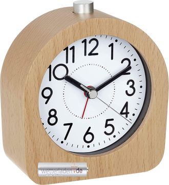 TFA Dostmann Wecker analog aus Buche, 60.1038.05, geräuscharmes Uhrwerk, Hintergrundbeleuchtung, Weckalarm, braun mit Batterie