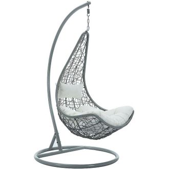 Vente-Unique Fauteuil suspendu en r&eacute;sine tress&eacute;e - Gris clair avec coussins blancs - OROSI de MYLIA