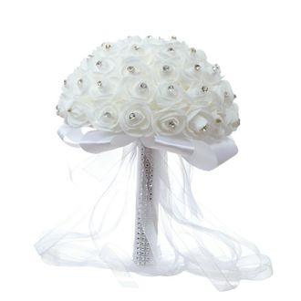 Angoily K&uuml;nstlicher Brautstrau&szlig; Wei&szlig; mit Strasssteinen PE Rosen f&uuml;r Hochzeitsdekoration und Fotorequisite Langlebiger Imitationsblumenstrau&szlig;