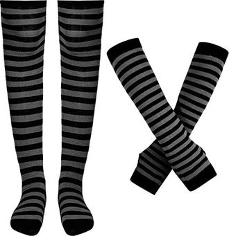 Blulu Chaussettes Hautes Ray&eacute;es Gants Longs Ray&eacute;s Bas &agrave; Rayures Mitaines Ray&eacute;es sans Doigts pour Femme Fille(Gris et Noir)