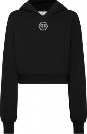 Philipp Plein Femme, Sweatshirts et sweats &agrave; capuche, Noir, Taille: 42 FR Cropped Crystal Hexagon Logo Sweat &agrave; capuche