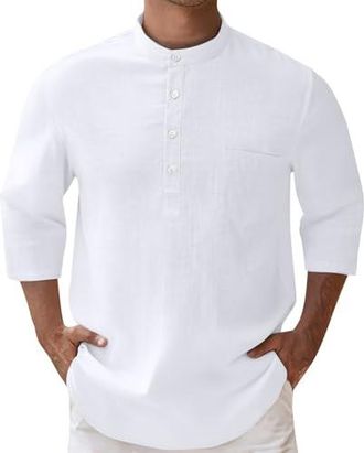Generic Sweat &agrave; capuche pour homme - Chemise de plage blanche en lin - T-shirt &agrave; manches longues - Chemise de plage blanche - Haut &agrave; manches courtes - T-shirt