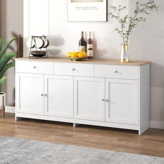 Need Need - Buffet de cuisine avec 3 tiroirs et 2 armoires - &Eacute;tag&egrave;res r&eacute;glables - MDF blanc et bois - Dimensions 160x37x75cm - Style rustique