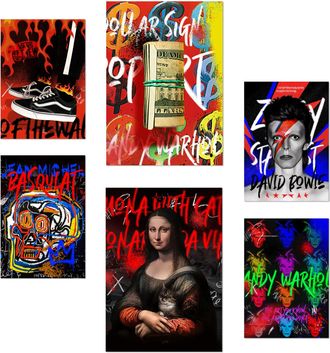 Nacnic 6er-Set Grafiti Pop Mona Lisa Warhol Bowie Basquiat Poster mit Designillustrationen zur Dekoration der Wände Ihres Zuhauses. Räume, Büro, Laden und Ge