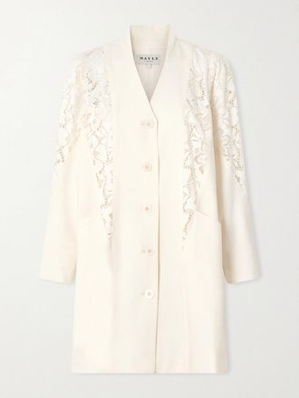 Maison Mayle Ines Minikleid Aus Woll-twill Mit Spitzenbes&auml;tzen - Elfenbein