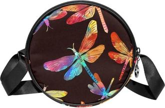 Generic Sac &agrave; bandouli&egrave;re rond pour femme, motif libellules avec fermeture &eacute;clair, bretelles r&eacute;glables, style d&eacute;contract&eacute;, pour femmes et filles