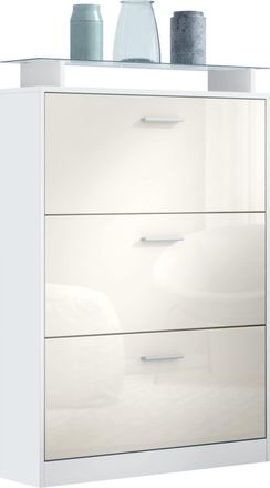 Vladon Schuhschrank Lavia, Made in Germany, Schuhkipper für 24 Paar Schuhe mit 3 Klappen und Glasablage, Weiß matt/Creme Hochglanz (89 x 128 x 23 cm)