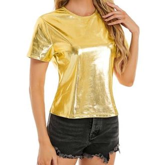 Generic Haut m&eacute;tallique pour femme - Haut brillant - Couleur unie - Tunique d&eacute;contract&eacute;e m&eacute;tallique liquide - T-shirt tendance et imperm&eacute;able - Col rond - T-s