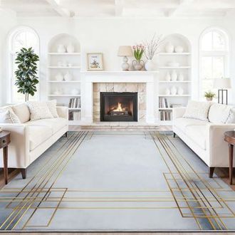 Generic Moderne Antid&eacute;rapant Tapis Gris - Doux R&eacute;sistant Lavable en Machine Tapis &agrave; Motif Minimaliste Abstrait Ligne Dor&eacute;e Poil Ras Moquette pour Salon Chambr