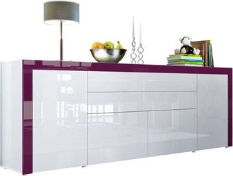 Vladon Sideboard La Paz V2, Made in Germany, Kommode mit 2 Türen, 2 Schubkästen und 2 Klappen, Weiß Hochglanz/Weiß Hochglanz/Brombeer Hochglanz (200 x 72 x 3