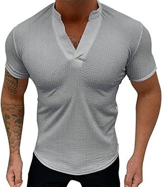 Generic Chemise en coton et lin pour homme - Hauts Henley - Tendance - D&eacute;contract&eacute; - En coton et col en V - Haut &agrave; manches courtes - Haut tendance - Chemisier