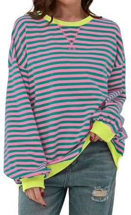 Generic Sweat-shirt rayé surdimensionné pour femme - Bloc de couleurs - Col rond - Manches longues - Y2K - Décontracté - Manches longues - Pull ample - Hauts 