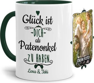 Tassendruck Tasse mit Spruch - Glück ist, Dich als Patenonkel zu haben - Personalisierbare Keramiktasse mit Namen und Foto - Geschenkidee für den Patenonkel - Inn