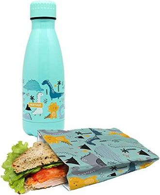 Nerthus Kitchenware FIH 1030 Doppelwandige Flasche aus Edelstahl + Sandwichbeutel, Dinosaurier