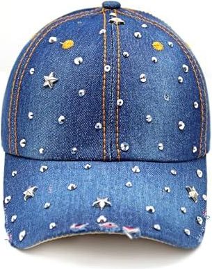 Glamexx24 Casquette de Baseball en Jean avec Strass pour Femme - Réglable - en Coton Respirant - pour lextérieur, la Course, Le Tennis, Le Golf, Étoile foncée, 