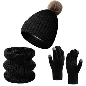 Generic Ensemble de bonnet, gants et &eacute;charpe dhiver pour femme, chaud et doux avec doublure en polaire &eacute;paisse, bonnet t&ecirc;te de mort, ensemble tricot&eacute; dhiver, 