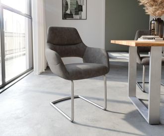 DELIFE Freischwinger Yago-Flex mit Armlehnen Mikrofaser Anthrazit Vintage Freischwinger rund Edelstahl Taschenfederkern, Esszimmerstühle