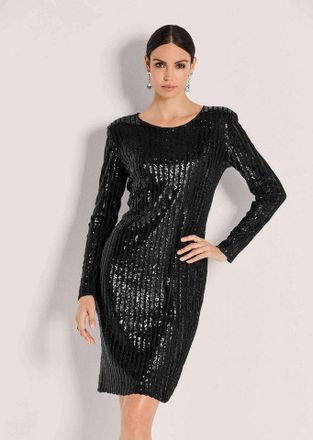 Madeleine Midikleid Glamour&ouml;ses Pailettenkleid mit Rundhalsausschnitt Schimmerndes Design mit langen &Auml;rmeln und zarten Schulterpolstern