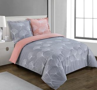 Vision Streetwear Parure de lit R&eacute;versible 100% Coton - Ginko Gris/Rose - Set de Housse de Couette 260x240 cm avec 2 taies doreiller pour lit Kingsize 2 Personnes - Fib